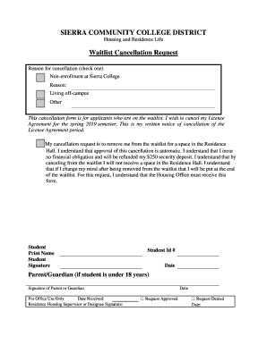 Fillable Online Waitlist Cancellation Request Form - Spring 2019 ...
