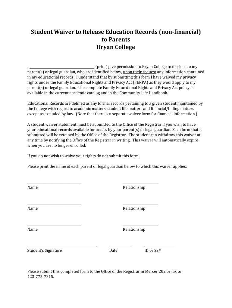 Fillable Online Student Waiver to Release Education Records (non ...