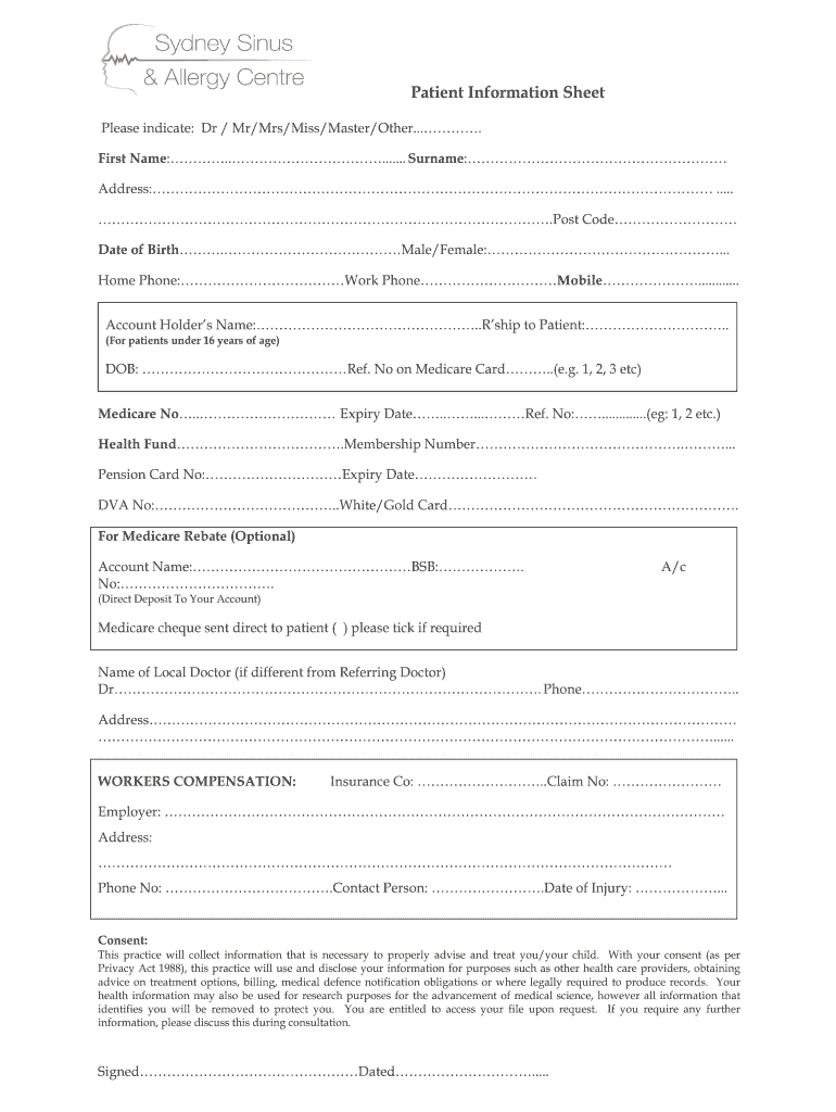 Fillable Online Patient Information Sheet NEW Fax Email Print - pdfFiller