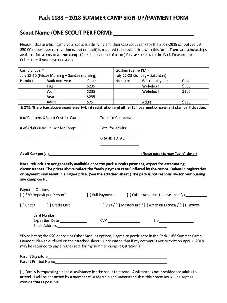 Fillable Online Pack 1188 2018 SUMMER CAMP SIGN-UP/PAYMENT FORM Fax ...