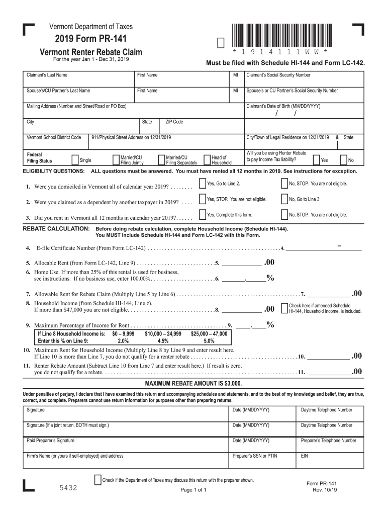 Fillable Online Form PR-141 "Vermont Renter Rebate Claim" - Vermont Fax ...