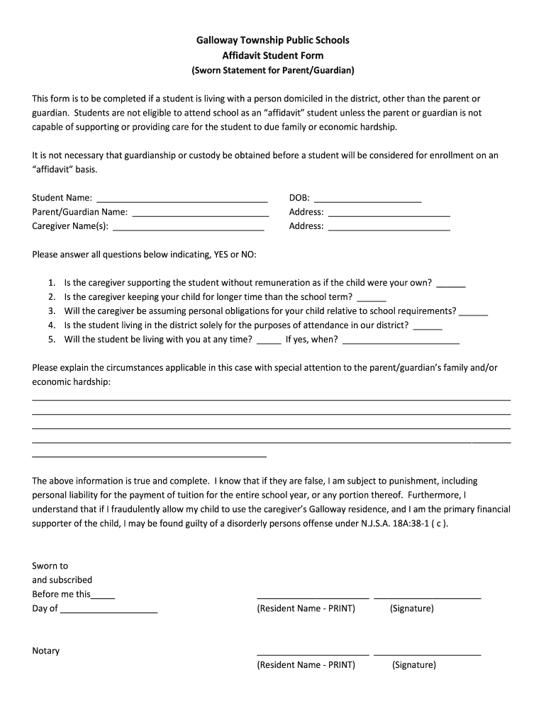 Fillable Online Galloway Township Public Schools Affidavit Student Form ...