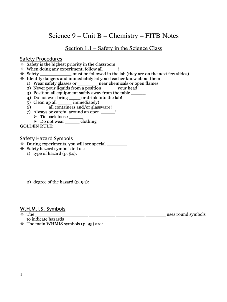 Fillable Online Science 9 Unit B Chemistry FITB Notes Fax Email Print ...
