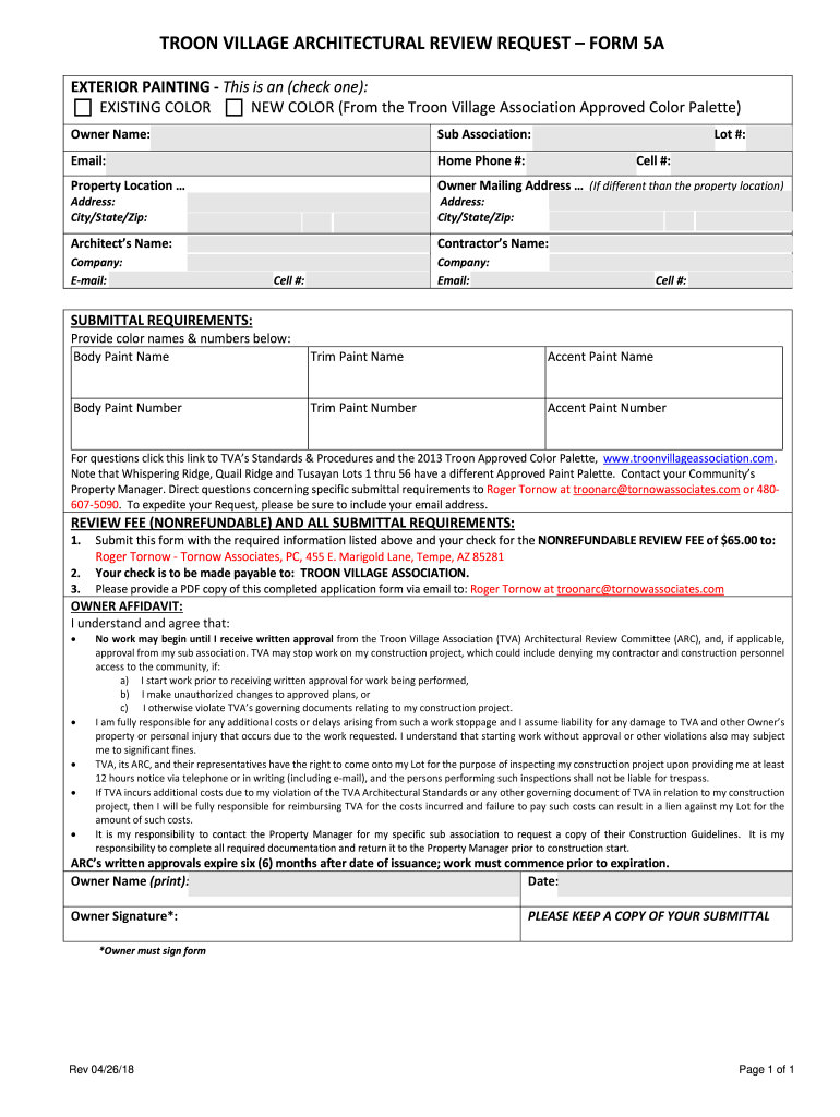 Fillable Online Form 5A: Exterior Painting - Desert Views / Four Peaks ...