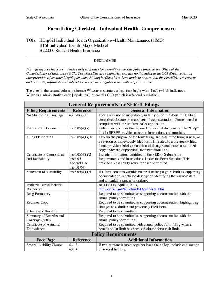 Fillable Online Form Filing Checklist - Individual Health ...