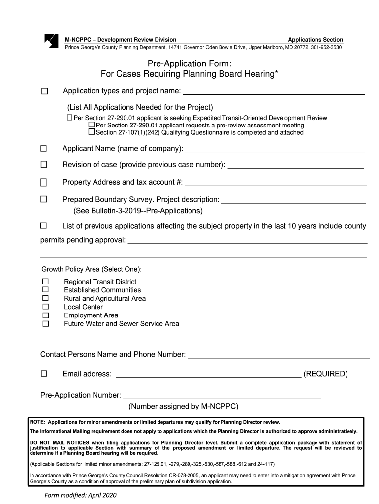 Fillable Online Pre-Application Form: For Cases Requiring Planning ...