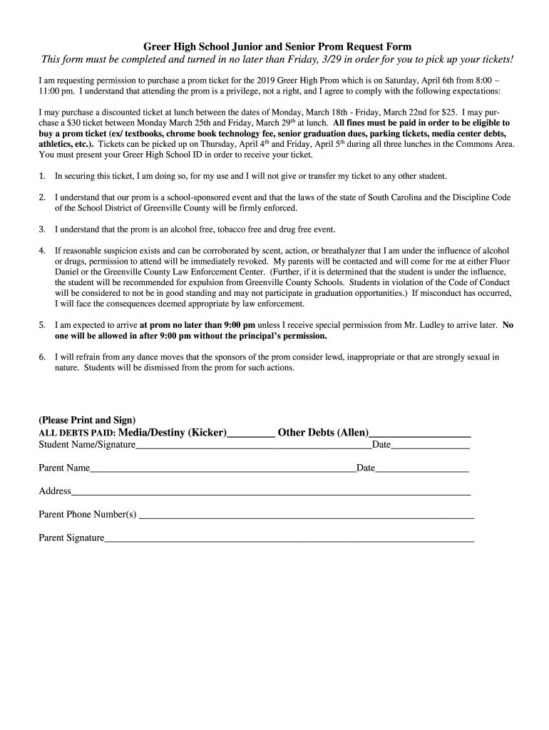 Fillable Online Greer High School Junior and Senior Prom Request Form ...