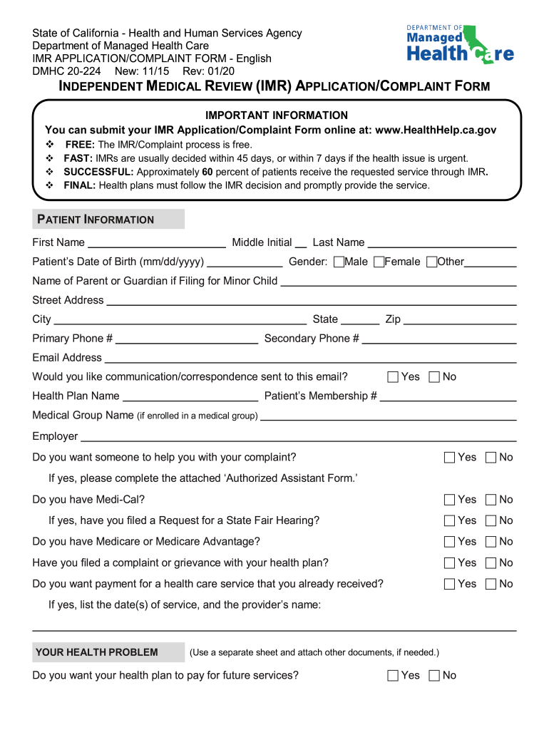 Fillable Online IMR APPLICATION/COMPLAINT FORM Fax Email Print - pdfFiller