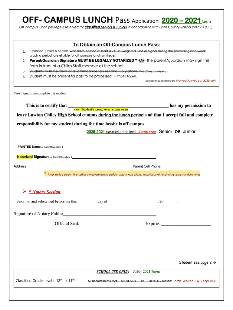Fillable Online OFF- CAMPUS LUNCH Pass Application: 2020 2021 term Fax ...
