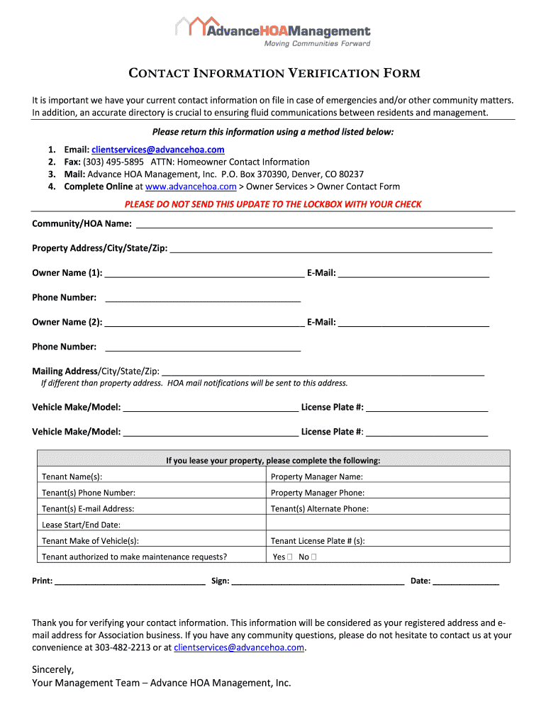 Fillable Online CONTACT INFORMATION VERIFICATION FORM Fax Email Print ...