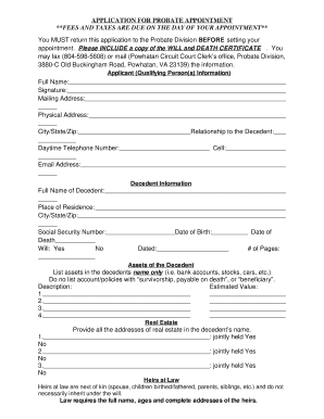 Fillable Online APPLICATION FOR PROBATE APPOINTMENT **FEES AND TAXES ...