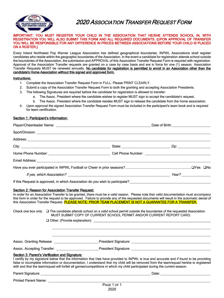 Fillable Online 2020 ASSOCIATION TRANSFER REQUEST FORM Fax Email Print ...