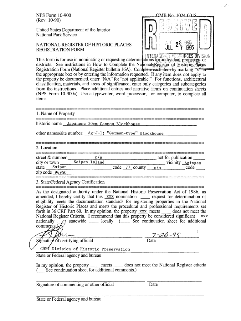 Fillable Online OMR No 1074-001 a NFS Form 10-900 (Rev. 10-90) United ...