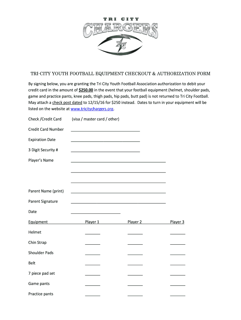 Fillable Online TRI-CITY YOUTH FOOTBALL EQUIPMENT CHECKOUT ...
