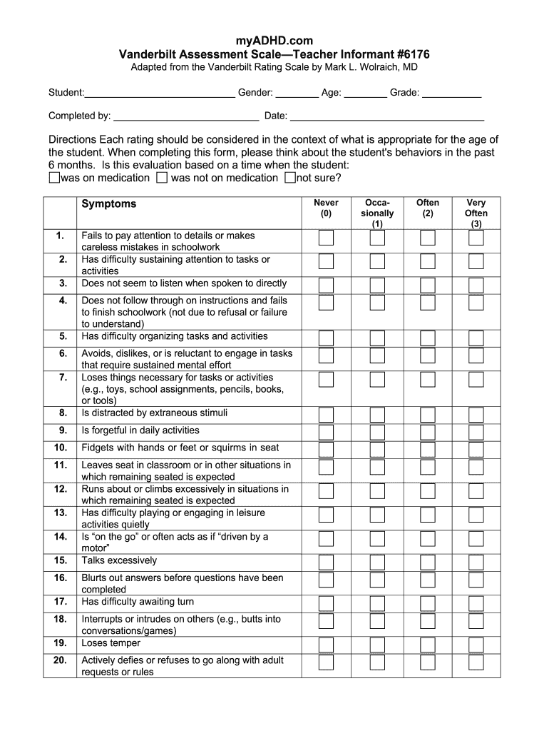 Fillable Online ADHD Vanderbilt Questionnaire for Parents - Zaman ...