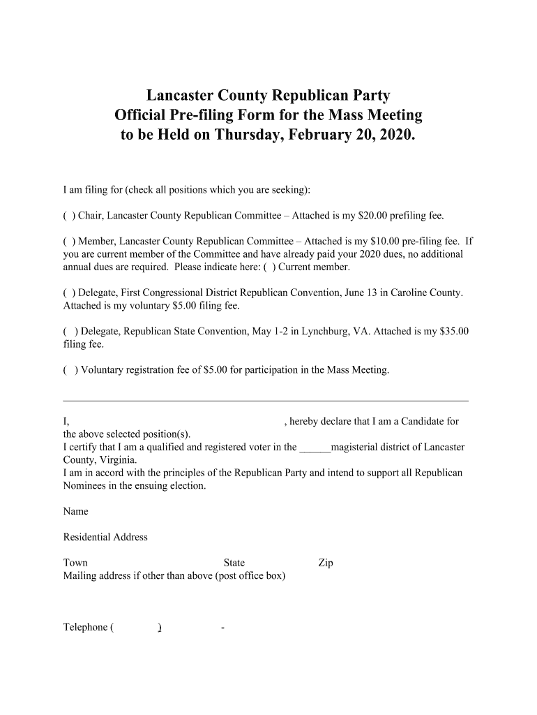 Fillable Online Lancaster County Republican Party Official Pre-filing ...