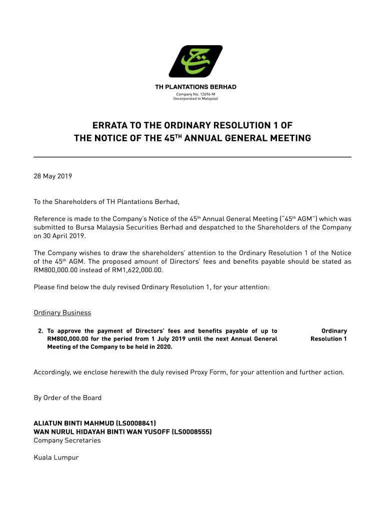 Fillable Online ERRATA TO THE ORDINARY RESOLUTION 1 OF THE NOTICE OF ...