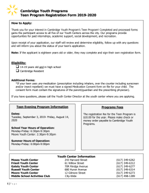 Fillable Online Cambridge Youth Programs Teen Program Registration Form ...