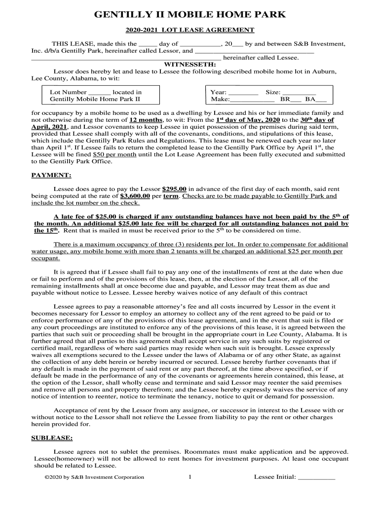 Fillable Online 2020-2021 LOT LEASE AGREEMENT Fax Email Print - pdfFiller