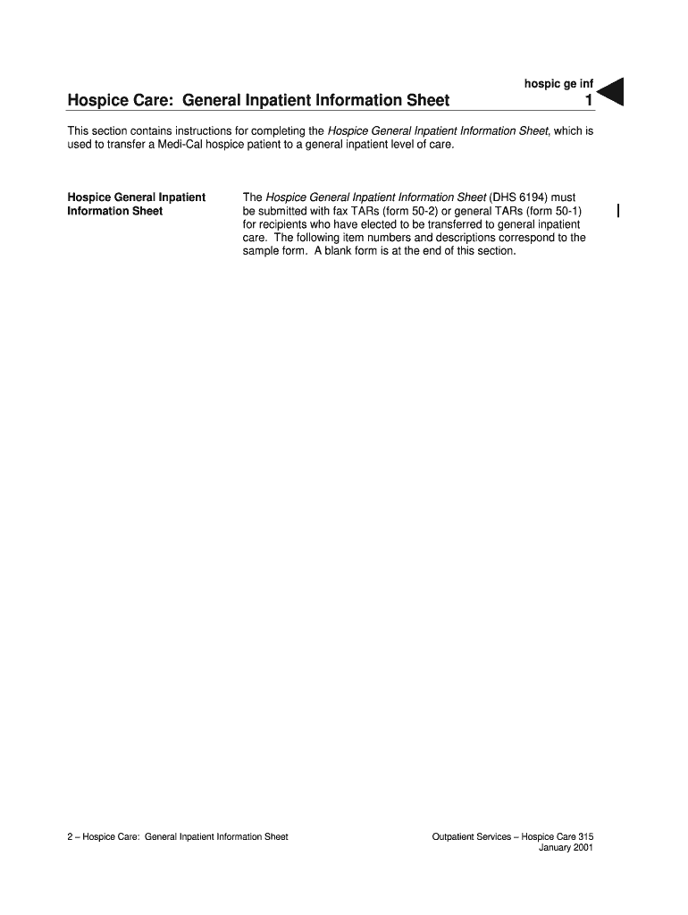 Fillable Online Hospice Care: General Inpatient Information Sheet ...