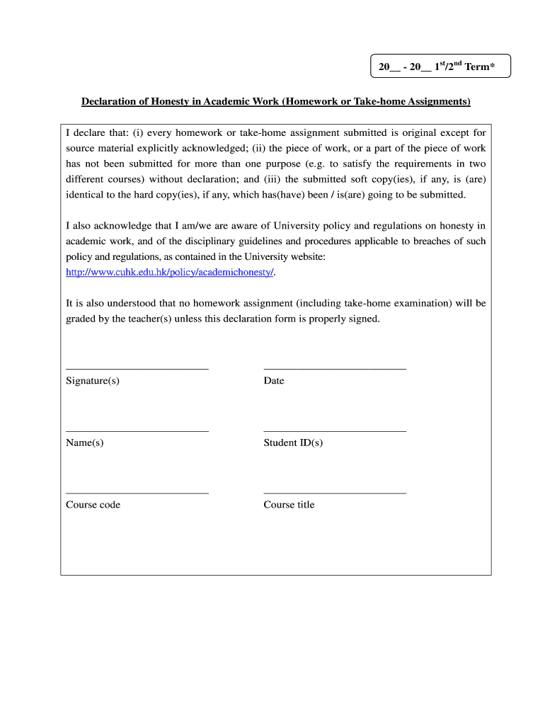 Fillable Online I declare that every assignment handed in is original ...