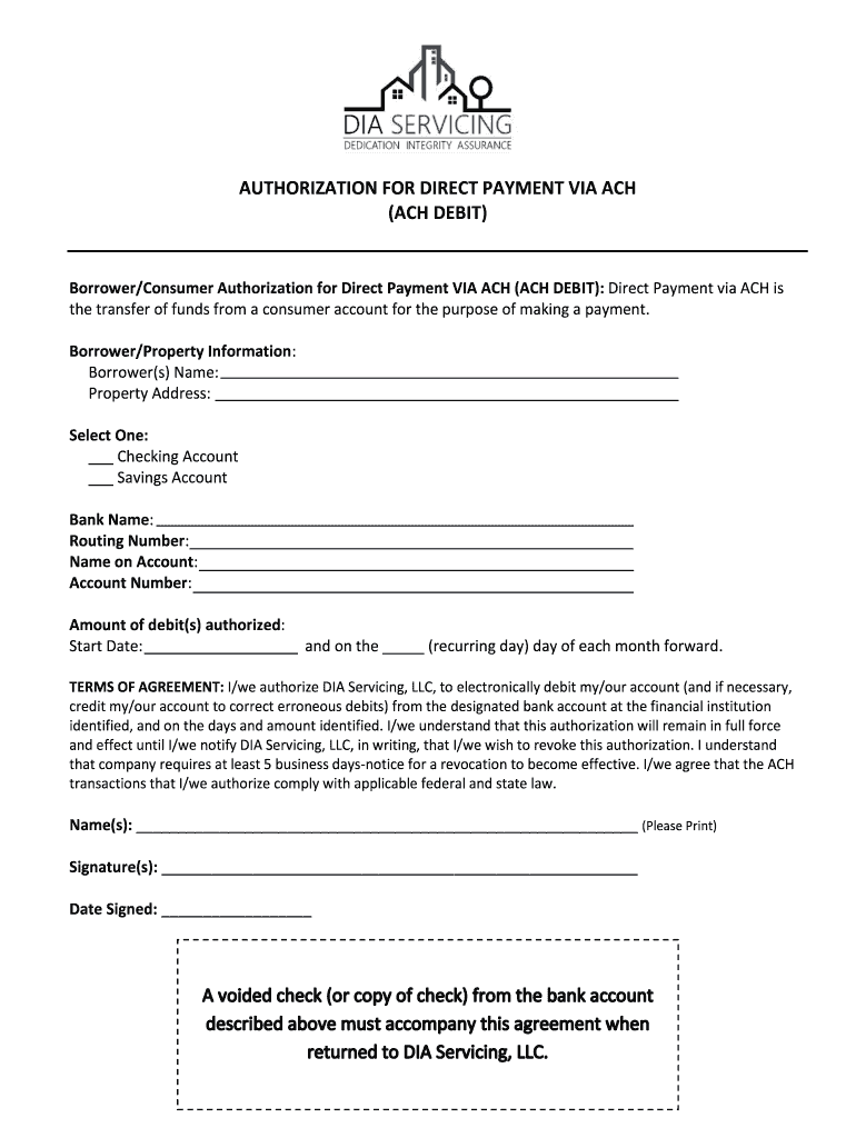 Fillable Online Borrower/Consumer Authorization for Direct Payment VIA ACH (ACH DEBIT): Direct ...
