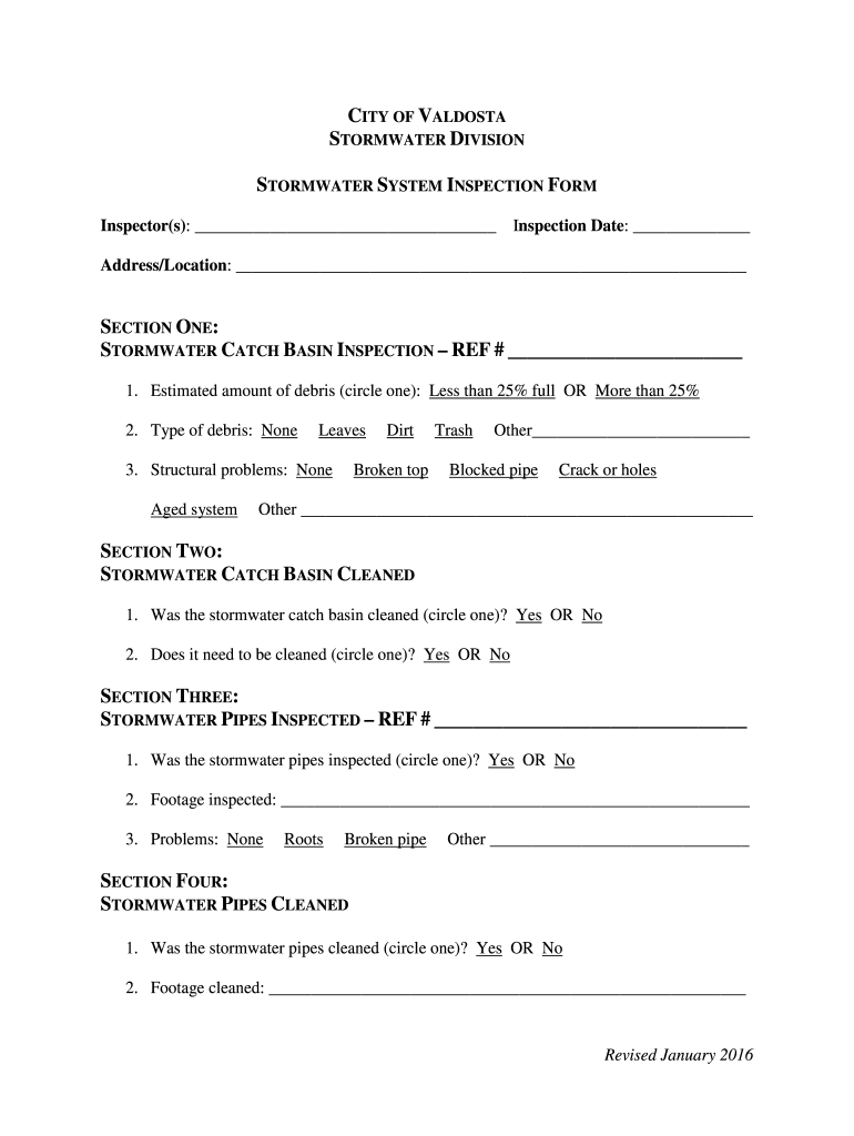 Fillable Online SECTION ONE STORMWATER CATCH BASIN INSPECTION REF Fax ...