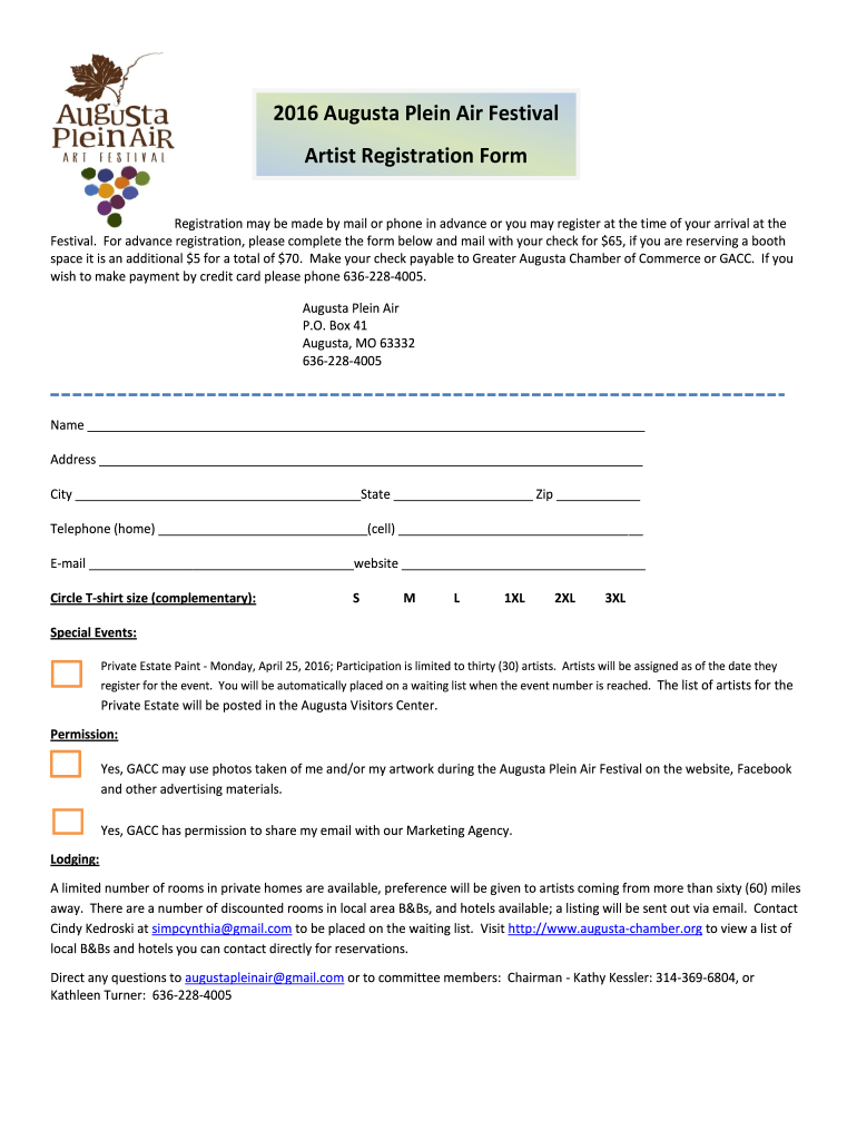 Fillable Online 2016 Augusta Plein Air Festival Artist Registration ...