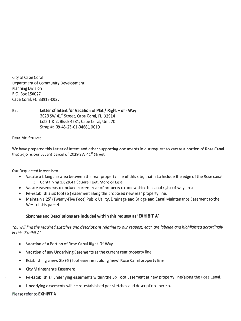 Fillable Online Letter of Intent for Vacation of Plat/ Right - of - Way ...