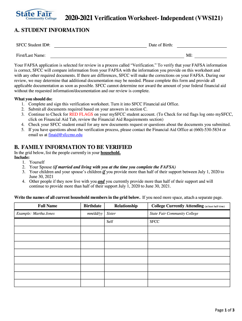 Fillable Online 20202021 Verification Worksheet for Independent Student ... Fax Email Print ...