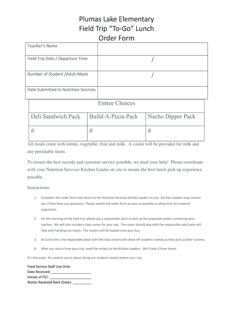 Fillable Online Plumas Lake Elementary Field Trip To-Go Lunch Order ...