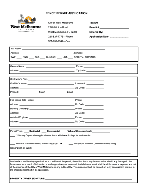 Fillable Online Fence Permit Application - City of West Melbourne Fax ...