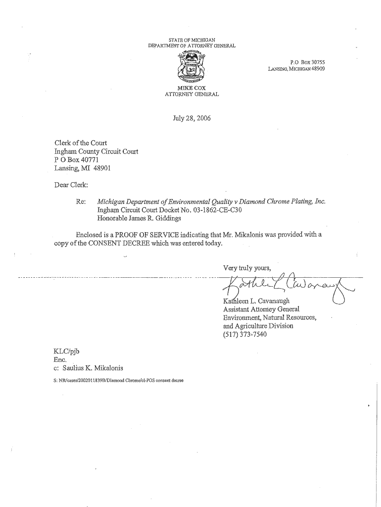 Fillable Online Cover letter to Circuit Court enclosing Proof of ...