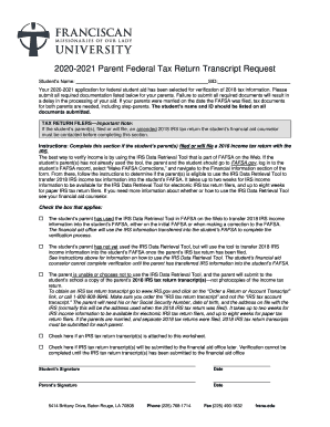 Fillable Online 2020-2021 Parent Federal Tax Return Transcript Request ...