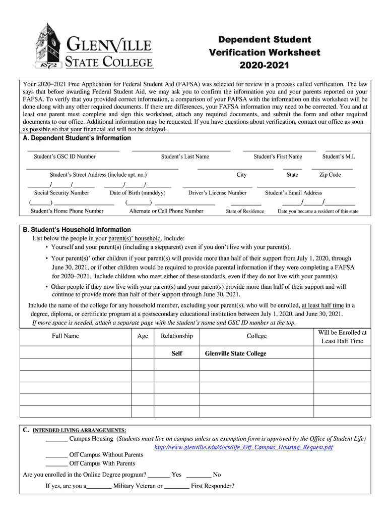 Fillable Online 2020-2021 Verification Worksheet Dependent V1 - University ... Fax Email Print ...