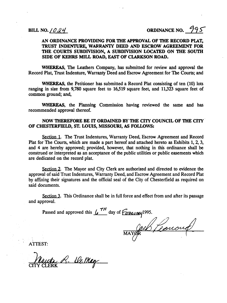 Fillable Online Ordinance 995. 1024995 AN ORDINANCE PROVIDING FOR THE ...