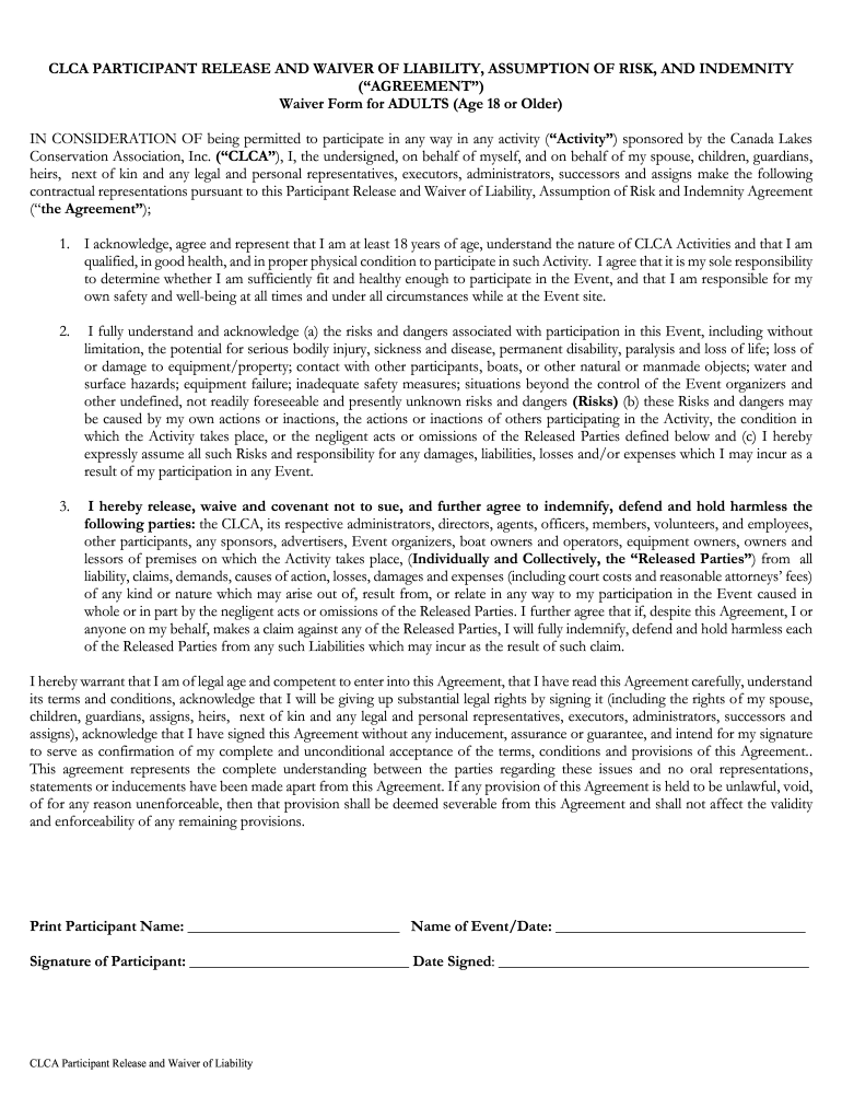 Fillable Online CLCA Participant Release and Waiver of Liability.pdf ...