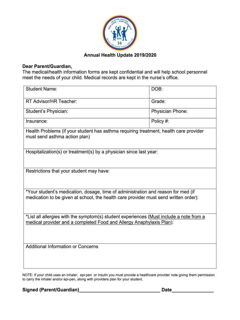 Fillable Online Health Update Form 20192020.docx Fax Email Print ...
