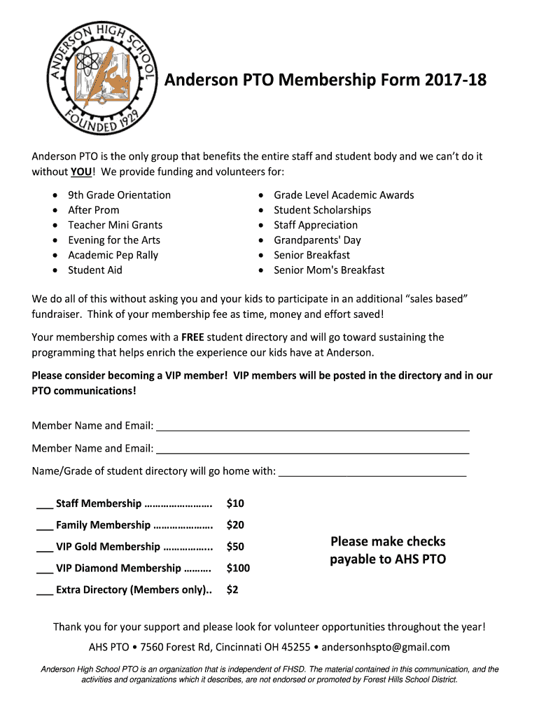 Fillable Online Anderson PTO Membership Form 2017-18 Fax Email Print ...