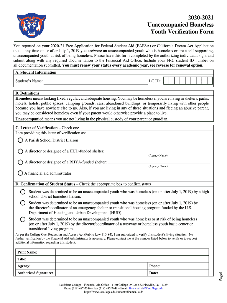 Fillable Online 2020-2021 Unaccompanied Youth and Homeless Form Fax ...