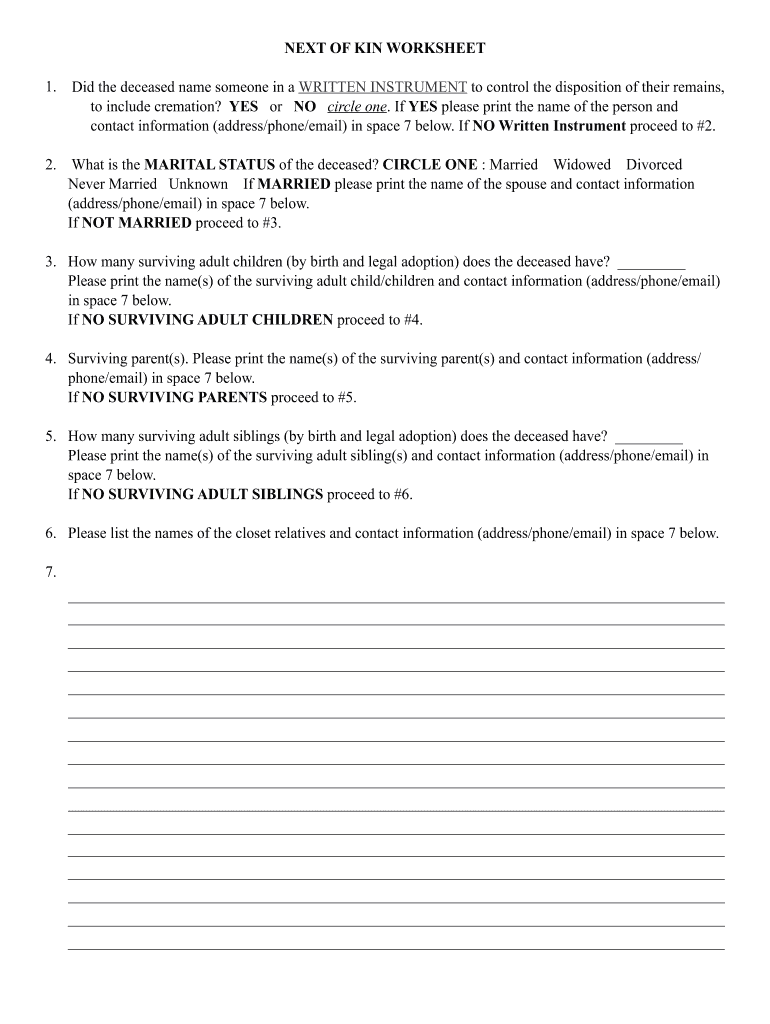 Fillable Online NEXT OF KIN WORKSHEET YES NO circle one YES NO Written ...