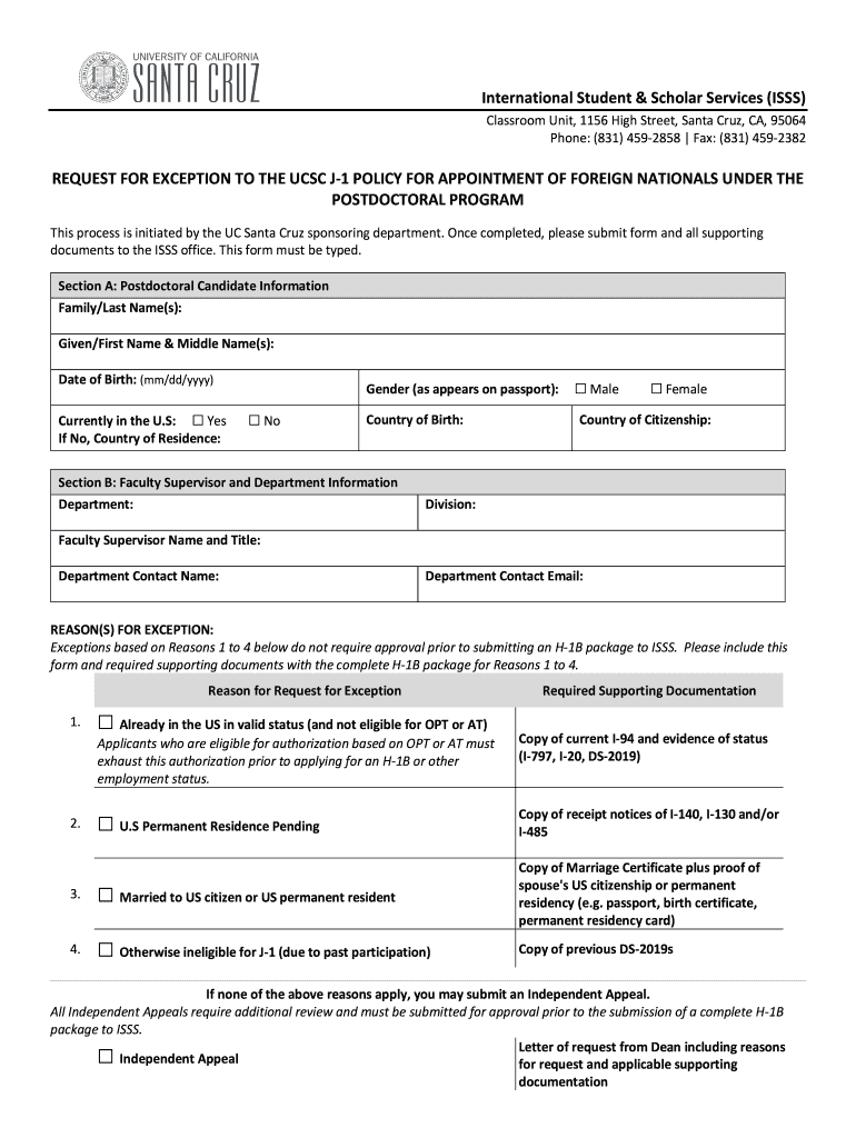 Fillable Online Postdoctoral Employee Exception Form - International ...