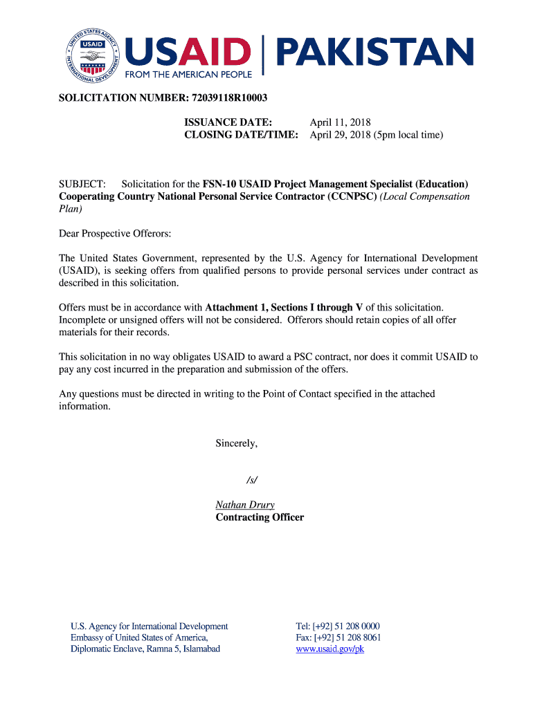 Fillable Online SOLICITATION NUMBER: 72039118R10003 ISSUANCE DATE Fax ...
