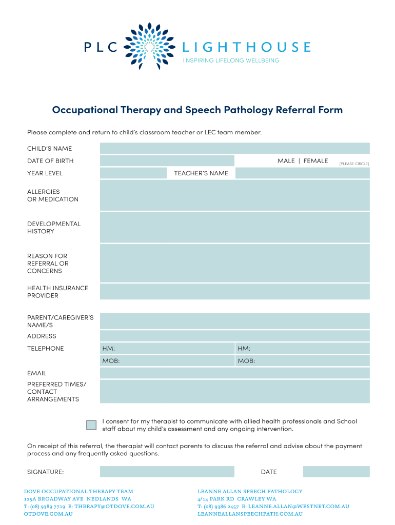 Fillable Online Occupational Therapy and Speech Pathology Referral Form ...