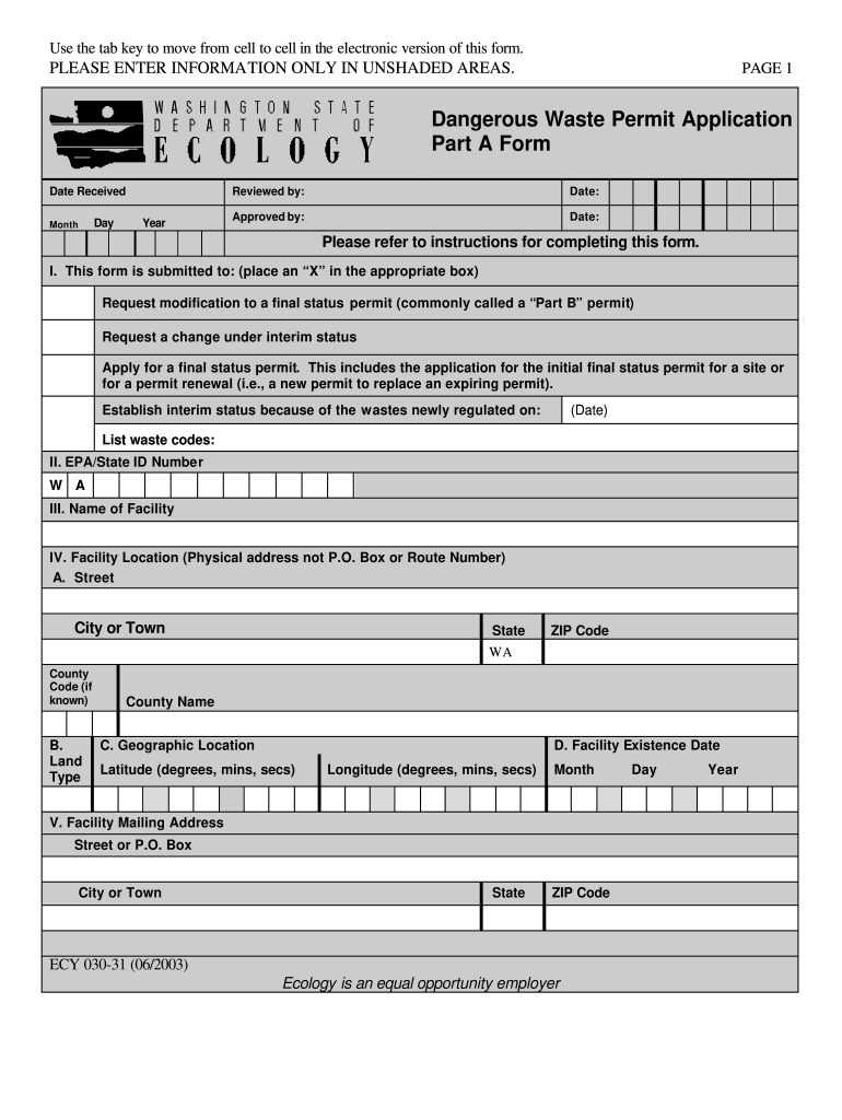 Fillable Online Washington State Dangerous Waste Permit Application Fax ...