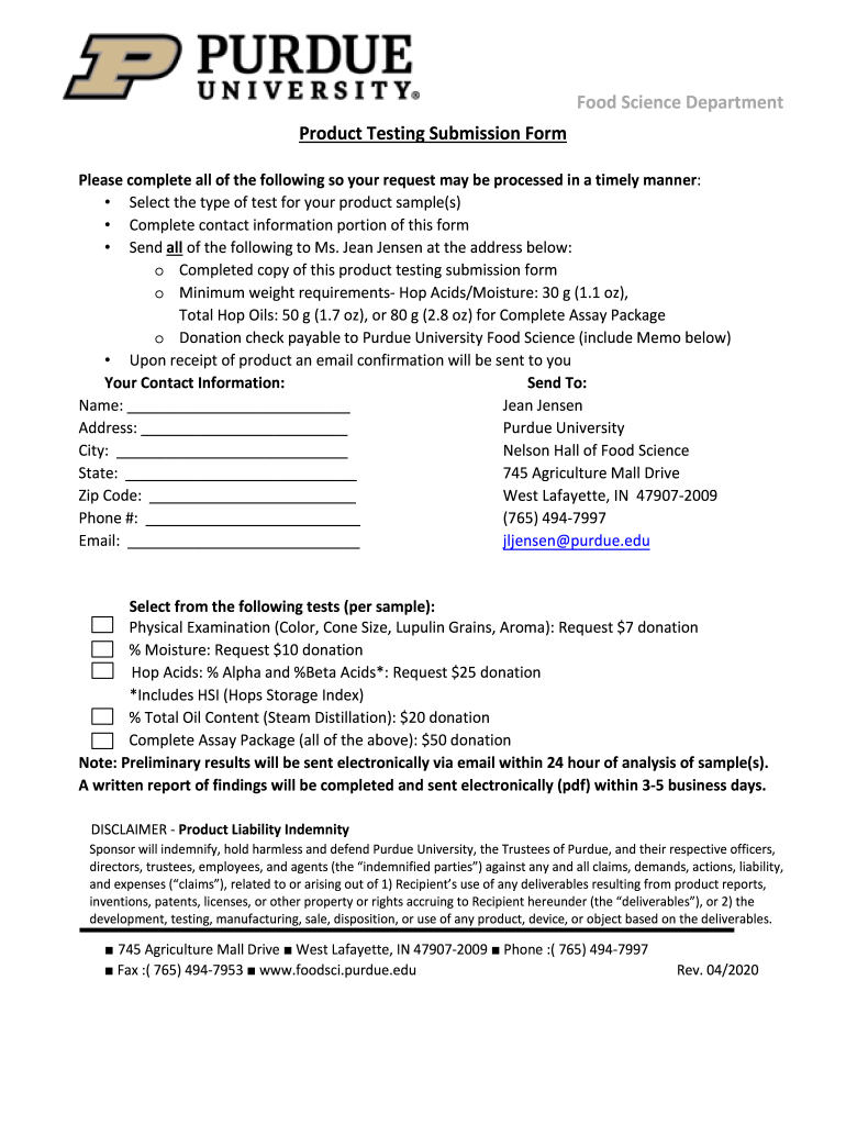 Fillable Online Food Science Department Product Testing Submission Form ...