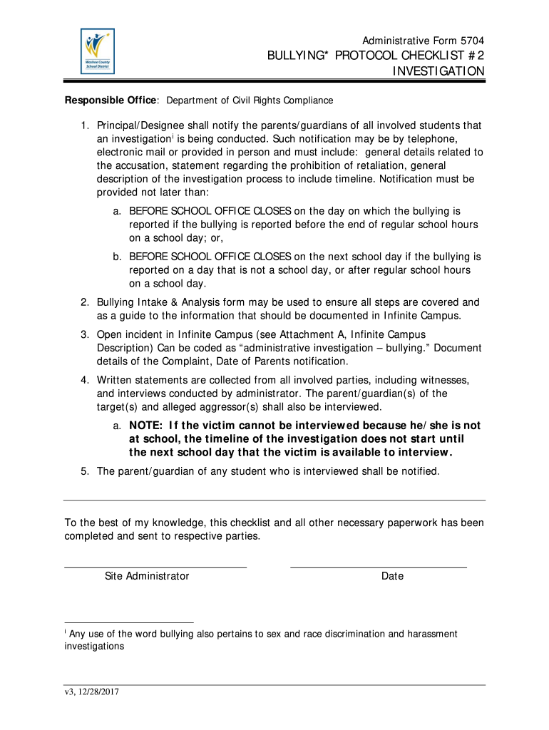 Fillable Online Administrative Form 5704 BULLYING* PROTOCOL CHECKLIST ...