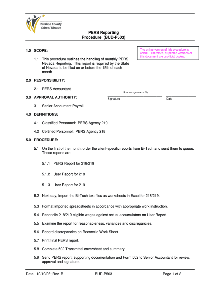 Fillable Online PERS Reporting Procedure (BUD-P503) Fax Email Print ...
