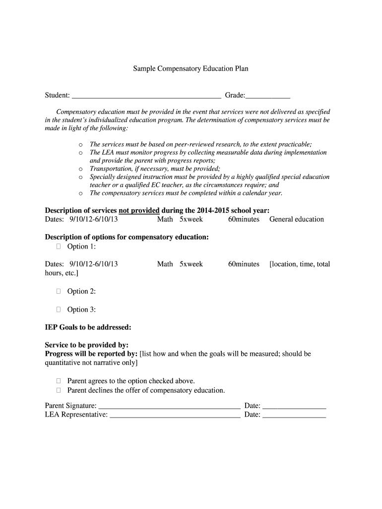 Fillable Online Sample Compensatory Education Plan Student: Grade ...