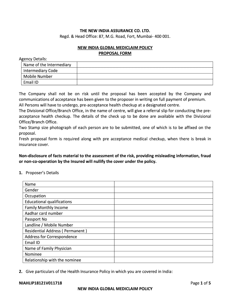 Fillable Online Proposal Form New India Mediclaim Policy - The New ...